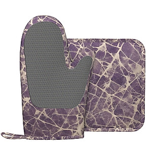 Purple Marble Pattern Silicone Oven Mitts Pot Holder Sets 2pcs Cute Design Washable Non Slip Kitchen Heat Resistant Mat Women's Cooking Gloves for Baking and BBQ Wear