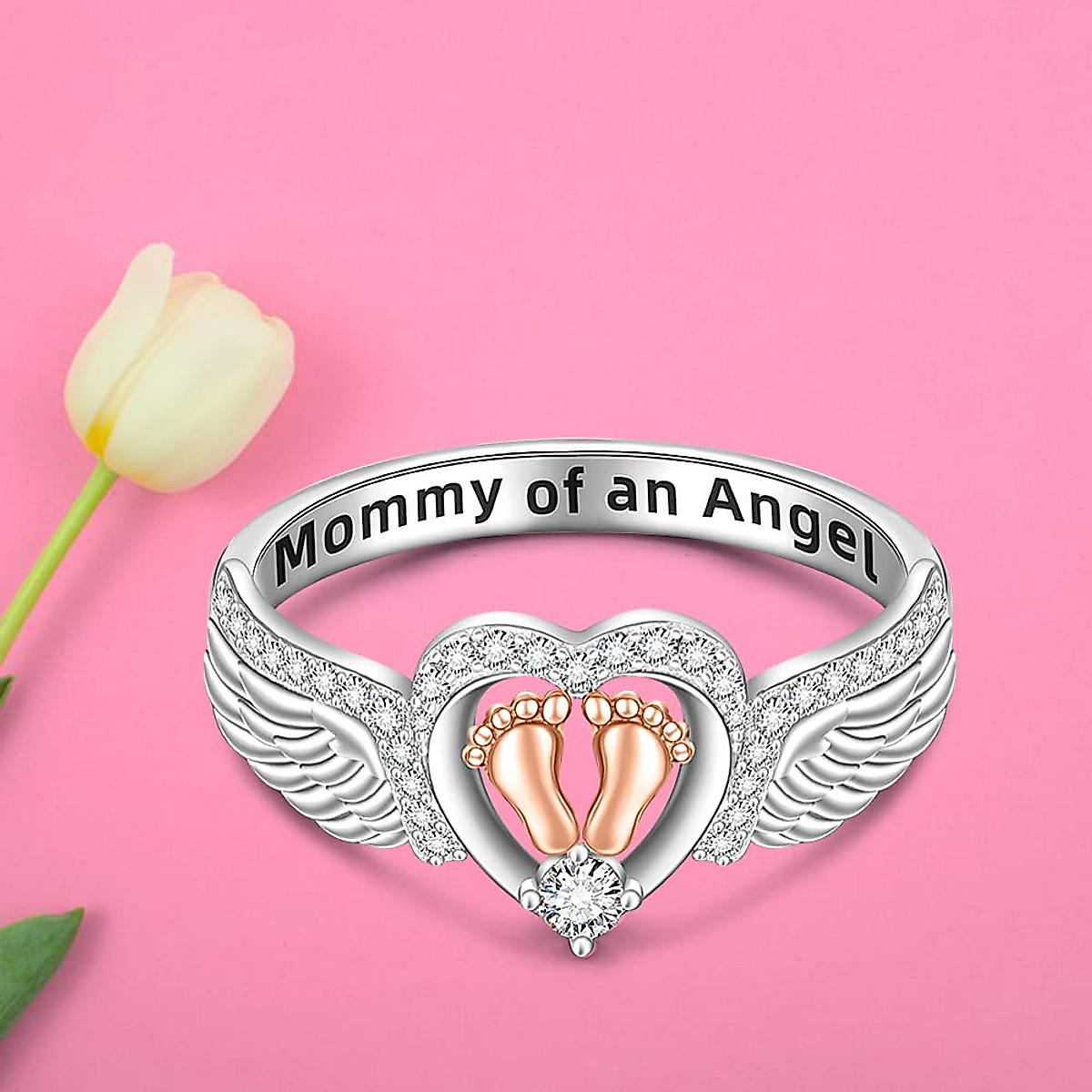 Angel Wing Ring for Women Mothers Sterling Silver Mommy of An Angel Rings Remembrance Footprint Band Memorial Keepsake Jewelry Size 8