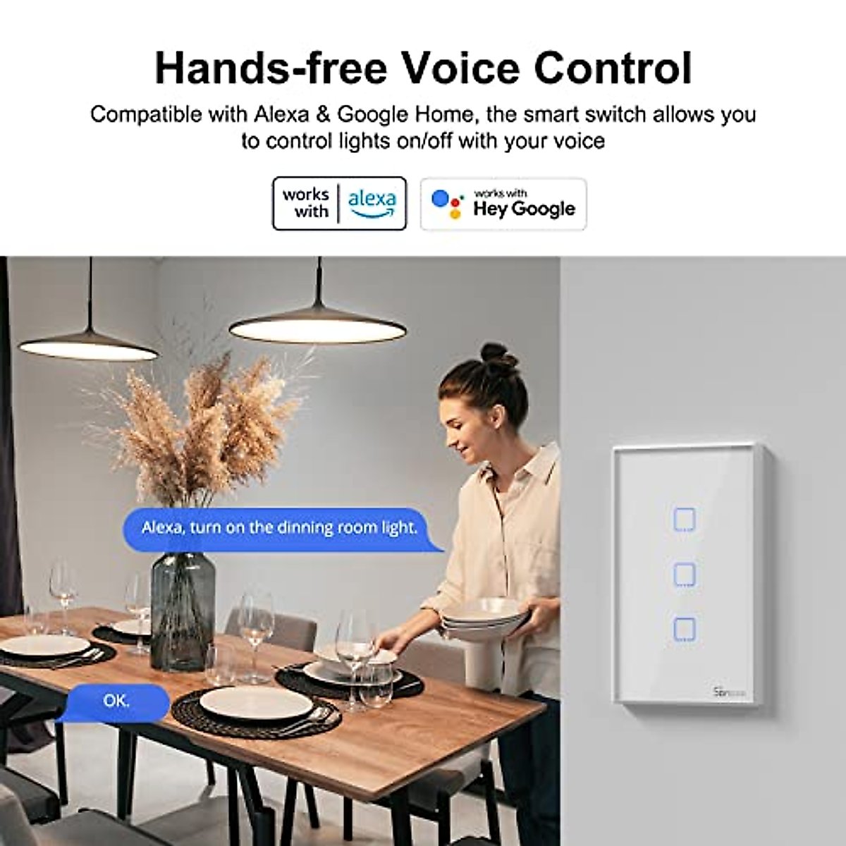 SONOFF TX WiFi Smart Light Switch, 2.4GHz Wi-Fi Touch Smart Wall Switch,Works with Alexa and Google Home, RF433 Remote Control,Fit for US&CA Wall Switches, 3 Gang 1 Way, T2, No Hub Needed