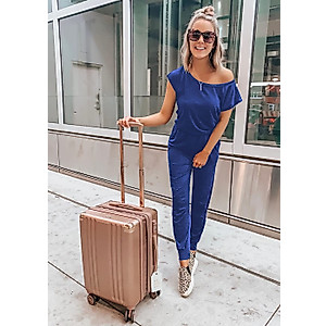 PRETTYGARDEN Women's Loose Solid Off Shoulder Elastic Waist Stretchy Long Romper Jumpsuit (Blue,Small)
