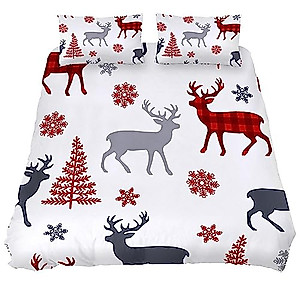 DragonBtu Christmas Deer Tree Snowflakes 3 Piece with 2 Pillow Shams Soft Comforter Cover Bedding Duvet Cover Set for Women Men Teen Bedroom