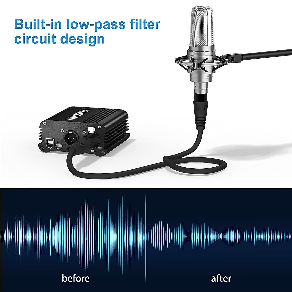 NUOSIYA Phantom Power 48V, 1-Channel Phantom Power Supply for Condenser Microphone with 10Ft XLR Female to Male Mic Cable，Dual Charging Ports, Metal Box, Black
