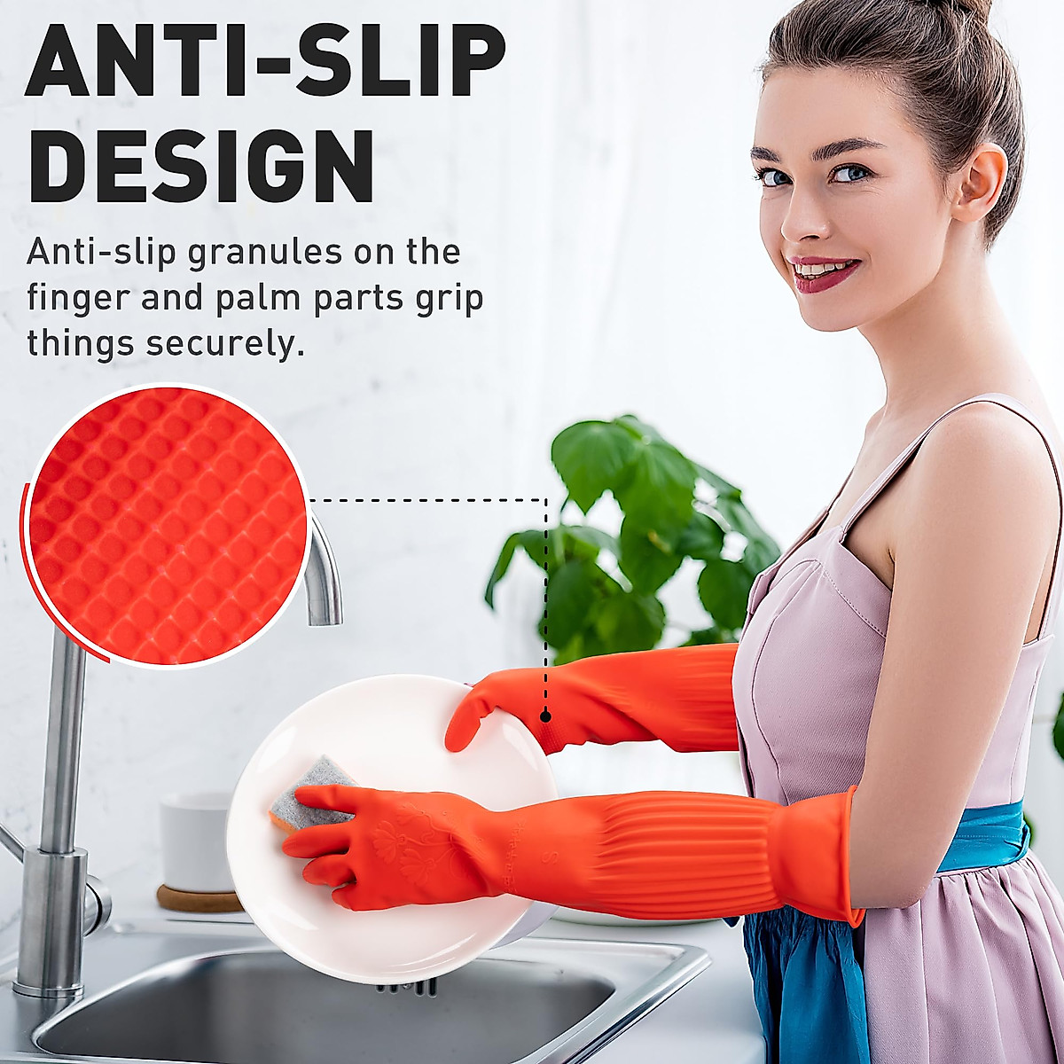 ThxToms Rubber Dishwashing Cleaning Gloves (2-Pair) - Fleece Lined, Reusable, Waterproof with Extra-Long Cuff & Anti-Slip Design for Household & Kitchen Use - Small