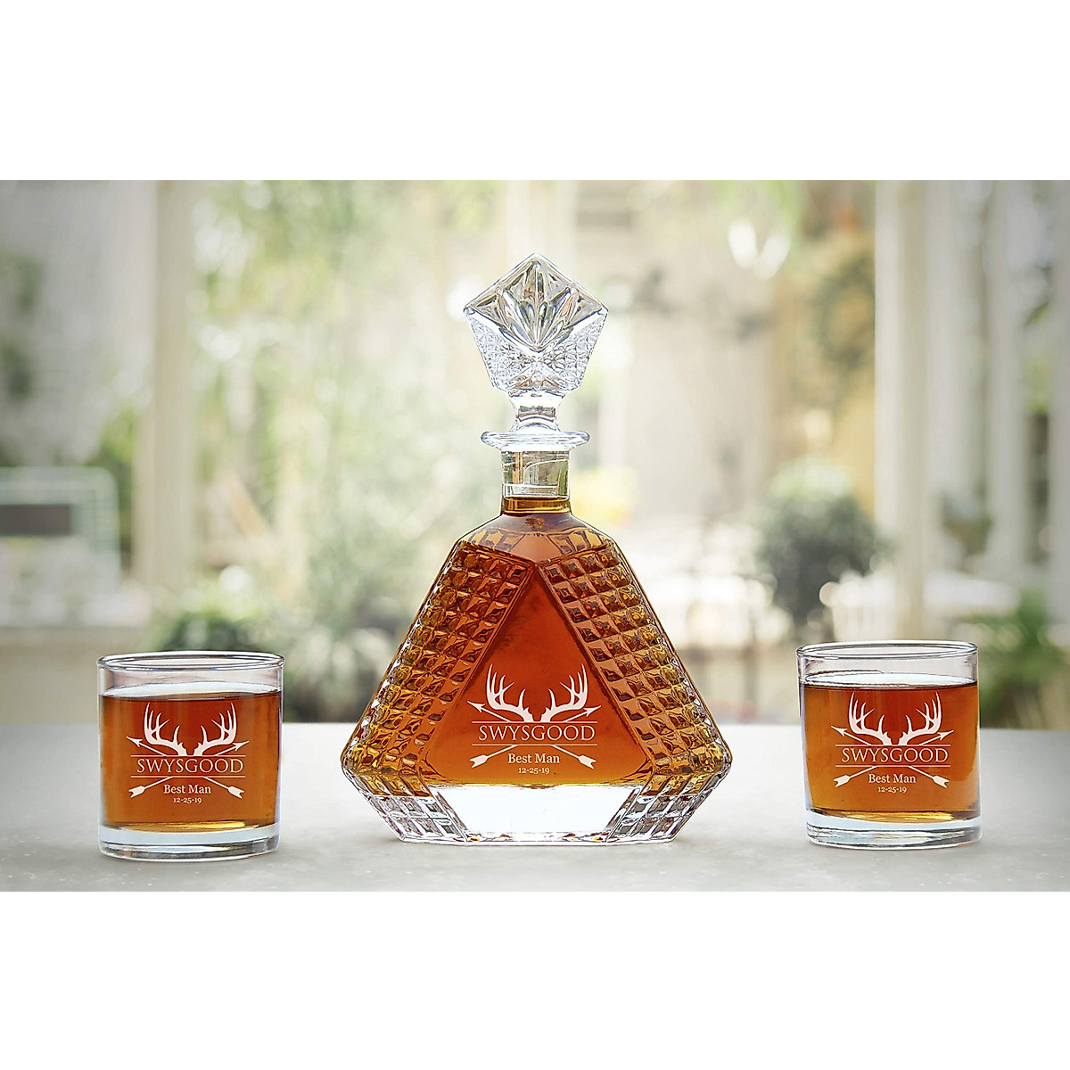 4 Piece Bourbon Decanter Set, Scotch Glasses and Decanter with Wooden Box, Personalized Decanter Set, Customized Decanter Set With Glasses For Men And Women Clear