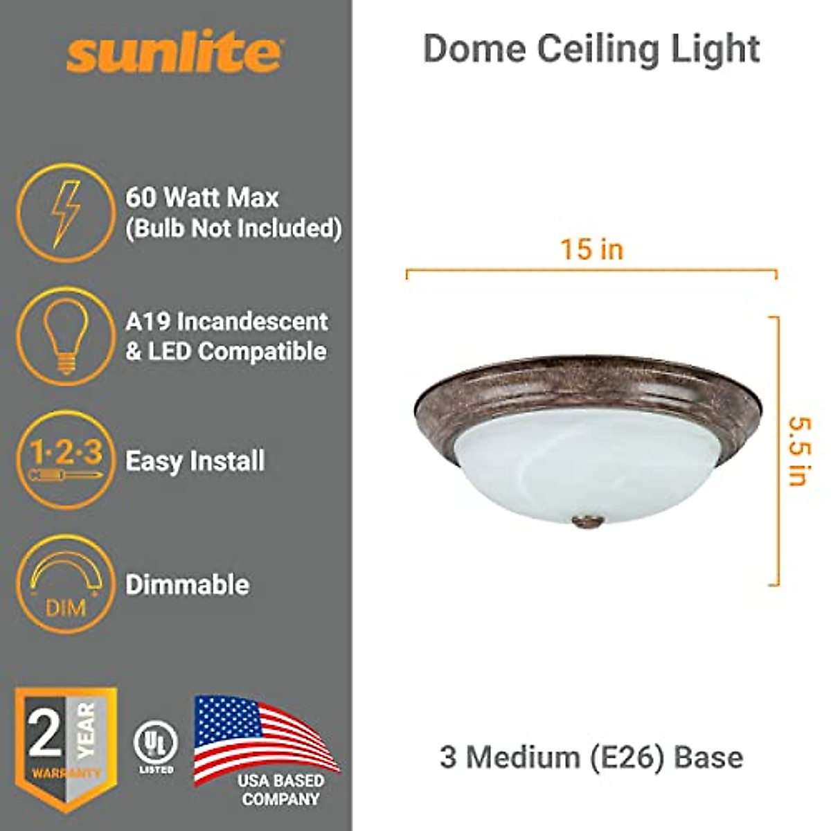 Sunlite 15-Inch Dome Ceiling Light – Stylish & Durable