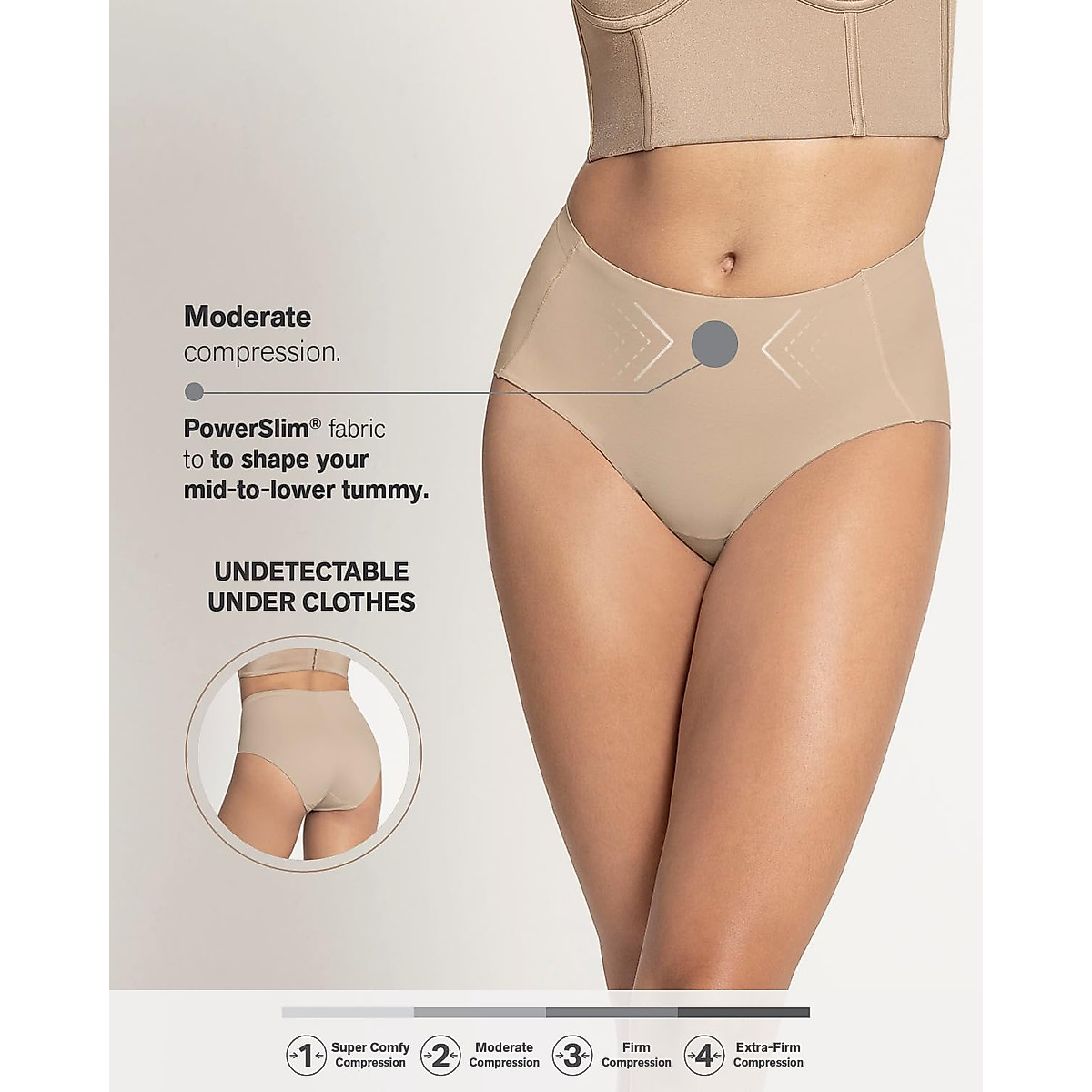 Leonisa Seamless Mid-Rise Moderate Compression Classic Underwear for Women - Tummy Control No Show Panties Beige