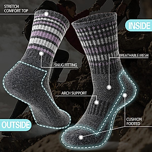 EBMORE Womens Merino Wool Hiking Socks Thermal Warm Winter Boot Crew Cushion Work Gift Socks 5 Pairs(Striped-A,M)