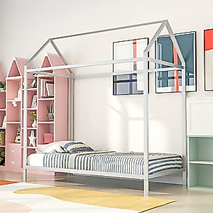 YuiHome House Bed Frame Twin Size, Kids Bed Frame Metal Platform Bed Floor Bed for Kids Boys Girls No Box Spring Needed ，Silver