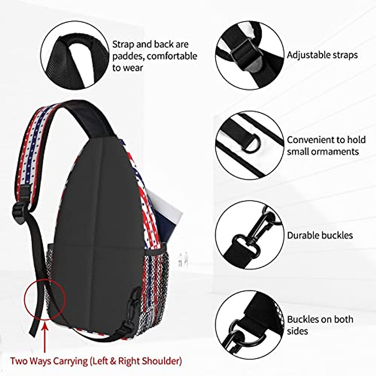 NiuKom American Flag US Stars Stripes Sling Backpack Crossbody Chest Bag Crossbody Shoulder Bag Gym Cycling Travel Hiking Daypack For Women Men