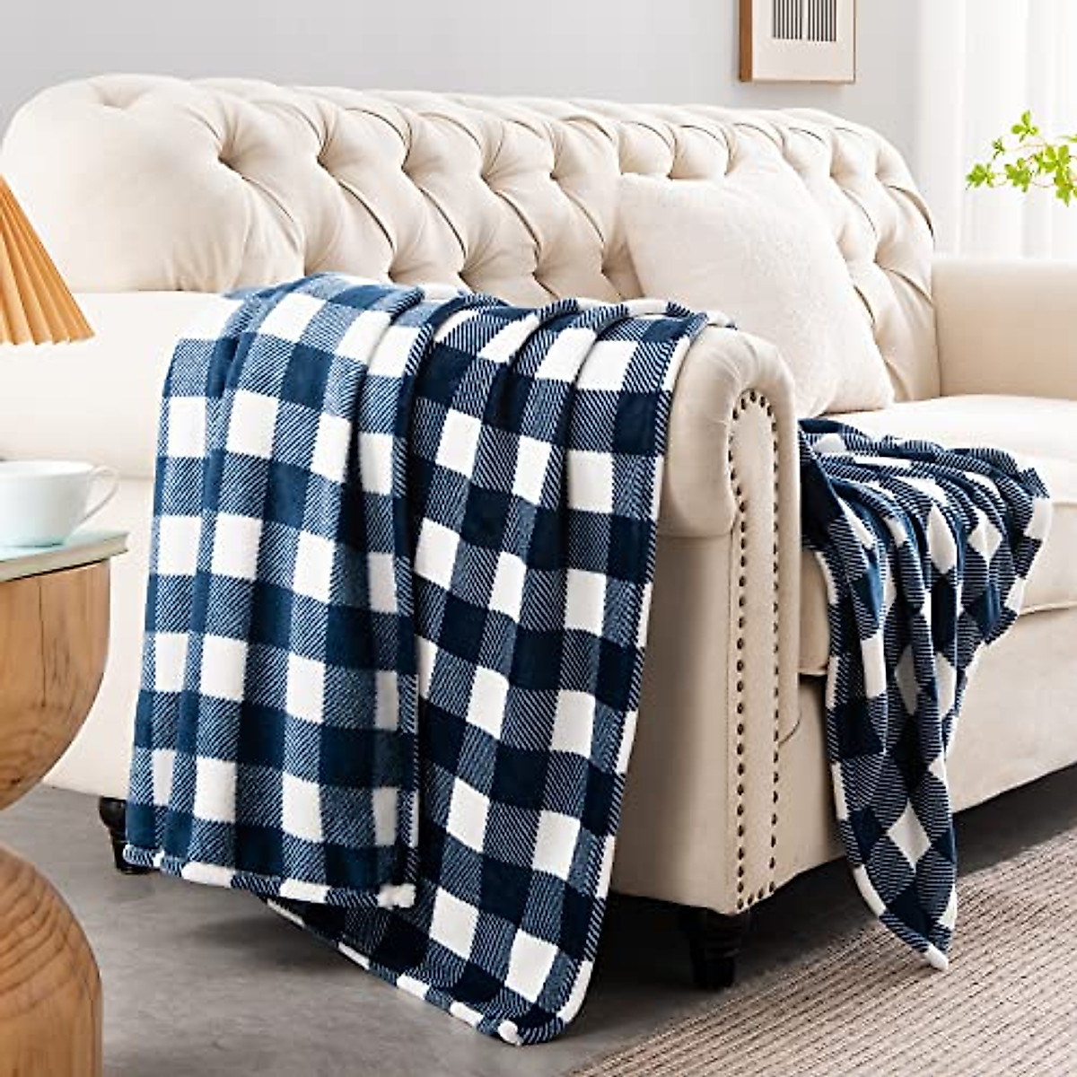 BEDELITE Fleece Throw Blanket for Couch Sofa Bed, Buffalo Plaid Decor Navy and White Checkered Blanket, Cozy Fuzzy Soft Lightweight Warm Blankets for Spring and Summer