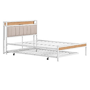 Full Size Platform Bed with Trundle, Metal Full Platform Bed Frame with Upholstered Headboard, Sockets, USB Ports and Slat Support, No Box Spring Needed, White