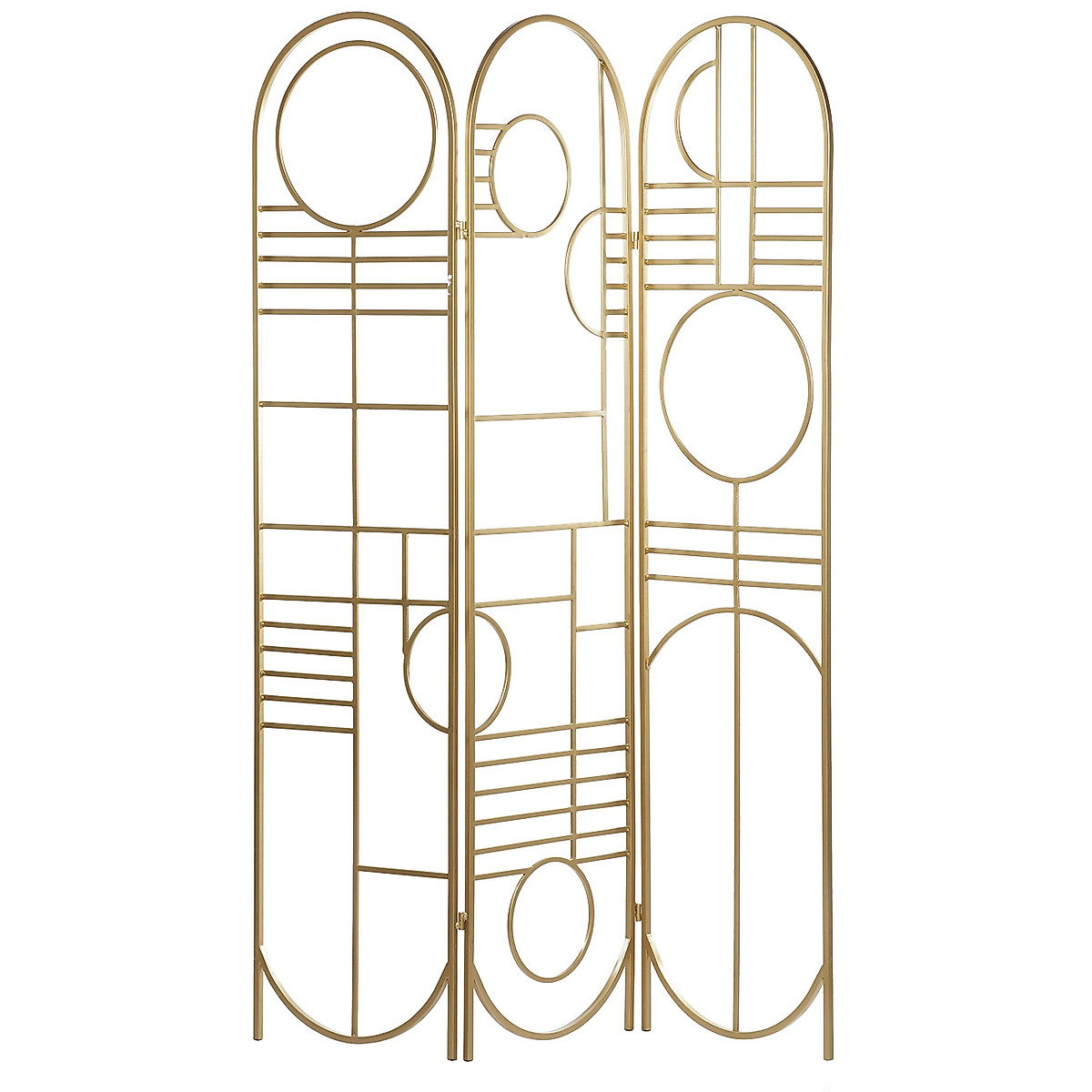 Deco 79 Metal Geometric Partition Room Divider Screen Hinged Foldable Arched Partition 3 Panel Privacy Screen, Room Partition 50" x 1" x 69", Gold