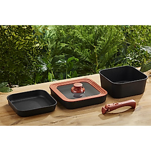 Roichen Spinweb Pan Set 5pcs, 22cm Frying pan + 22cm Deep pan + 26cm Frying pan + Multisize glass lid + Detachable handle. Cooking pan, Saute pan, Nonstick pan, Square pan, Baking pan