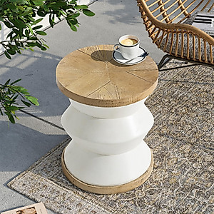 SUNBURY White Outdoor Side Table, 14" Concrete Side Table Accent Table, Round Marble Side Table Drum Table, Garden Stool Plant Stand End Table for Patio, Deck, Poolside