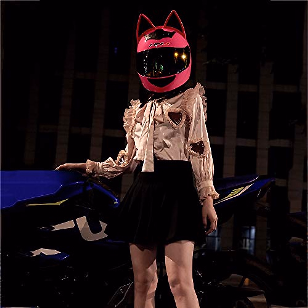 Cat Ear Motorcycle Helmet,Men and Women Cool Cute Cat Full Face Helmet,DOT Certification Standard,Suitable for All Seasons,Pink,M