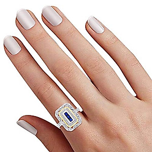 AFFY Princess Cut Simulated Blue Sapphire And White Cubic Zirconia In 14k White Gold Plated 925 Sterling Silver Two-Tone Art-Deco Style Ring Size:- 7