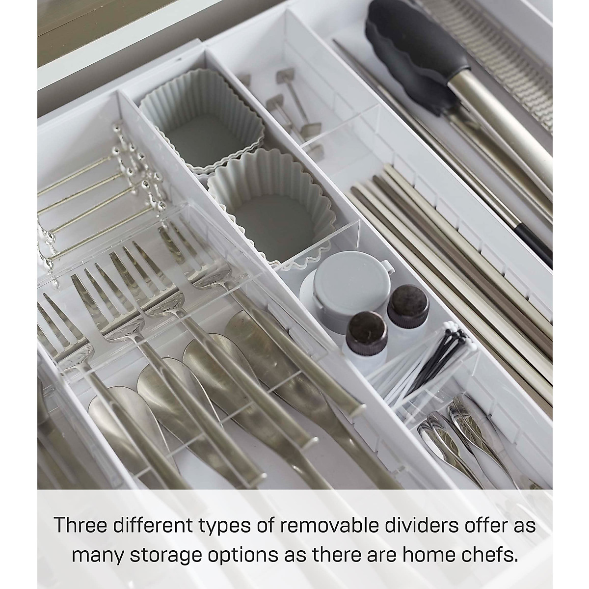 YAMAZAKI Home Expandable Cutlery Kitchen Angled Utensils Storage Multi-Compartment Silverware Organizer Drawer Insert Tray, Plastic, Adjustable, Expandable, No Assembly Req.