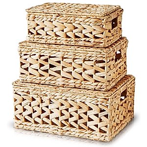 CHI AN HOME 14 Inch Wicker Storage Baskets with Lids, Set of 3 Rattan Lidded Hyacinth Baskets for Organizing, Woven Large Rectangular Basket Boxes, Basket with Top, Decorative Chest Organizer