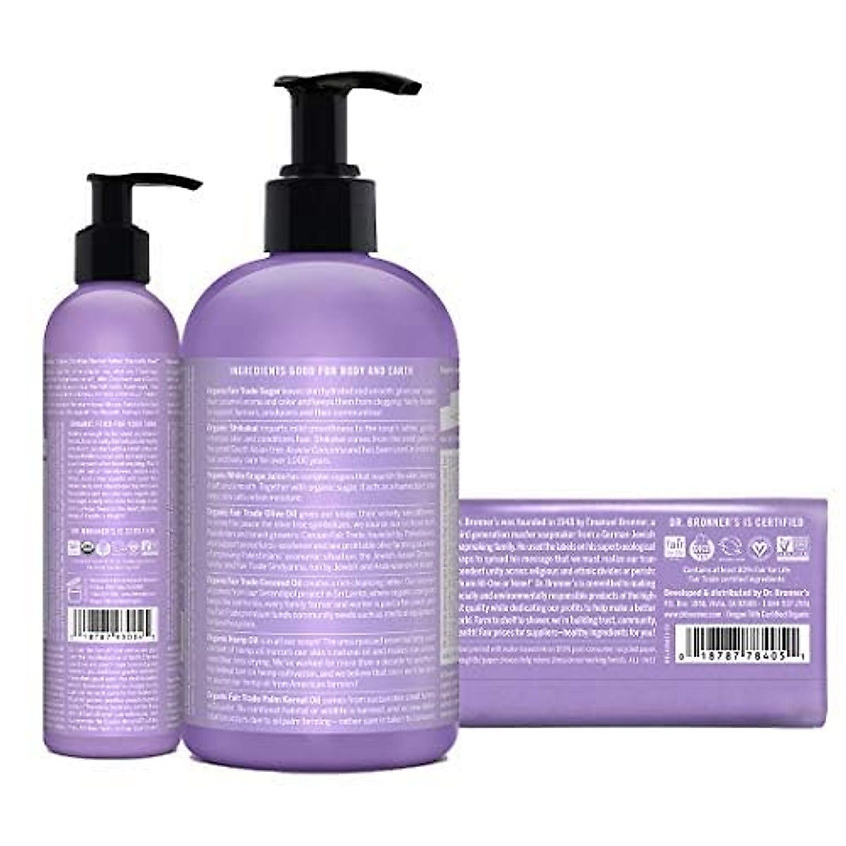 Dr. Bronner's 3-Piece Organic Lavender Gift Set - 1 Sugar Pump Soap 12-Ounces, 1 Body Lotion, 1 Castile Bar Soap