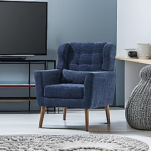 Livavege Mid Century Accent Chair with Wood Frame, Chenille Fabric Modern Upholstered Lounge Reading Living Room Armchair w/Waist Cushion, Comfy Single Sofa for Bedroom Sunroom, Dark Blue
