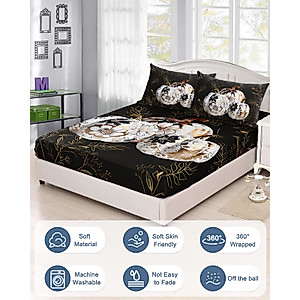 Bedding Full Size Fitted Sheets Fit 5"-16" Deep Pocket Mattress,Flower Sketch Oil Painting Pumpkin Soft Bottom Sheet Autumn Gold Leaves on Black Fitted Sheet Bed Set with Pillow Case