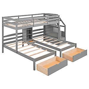 Triple Bunk Beds with Stairs , Wood Twin Over Twin & Twin Bunk Bed with Storage Drawers and Built-in Shelves, Triple Bed for Kids ,3 Bed Bunk Beds with Storage for Girls Boys ,Grey
