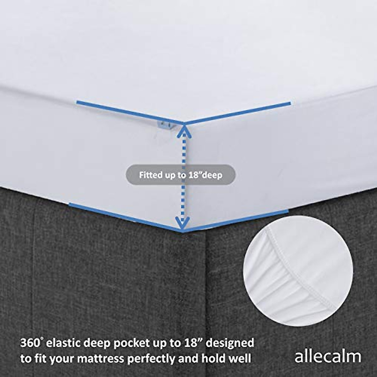 allecalm Fitted Waterproof Mattress Protector King Size Premium 14-18 Inch Waterproof Mattress Cover Protectors for Bed, Dorm Room, Cotton, Breathable, Noiseless, Washable, Soft