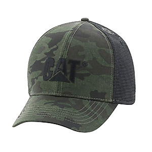 Caterpillar Men's Raised Logo Hats with Embroidered Front and Contrast Mesh Back with Plastic Snapback Closure, Night Camo, One Size