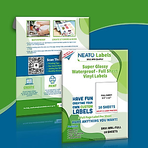 Printable Vinyl Waterproof Sticker Paper for Inkjet and Laser Printer - 10 White Full Sheet Super Glossy Craft Labels - Strong Adhesive - Tear Resistant - Made in The USA - Design Software Included