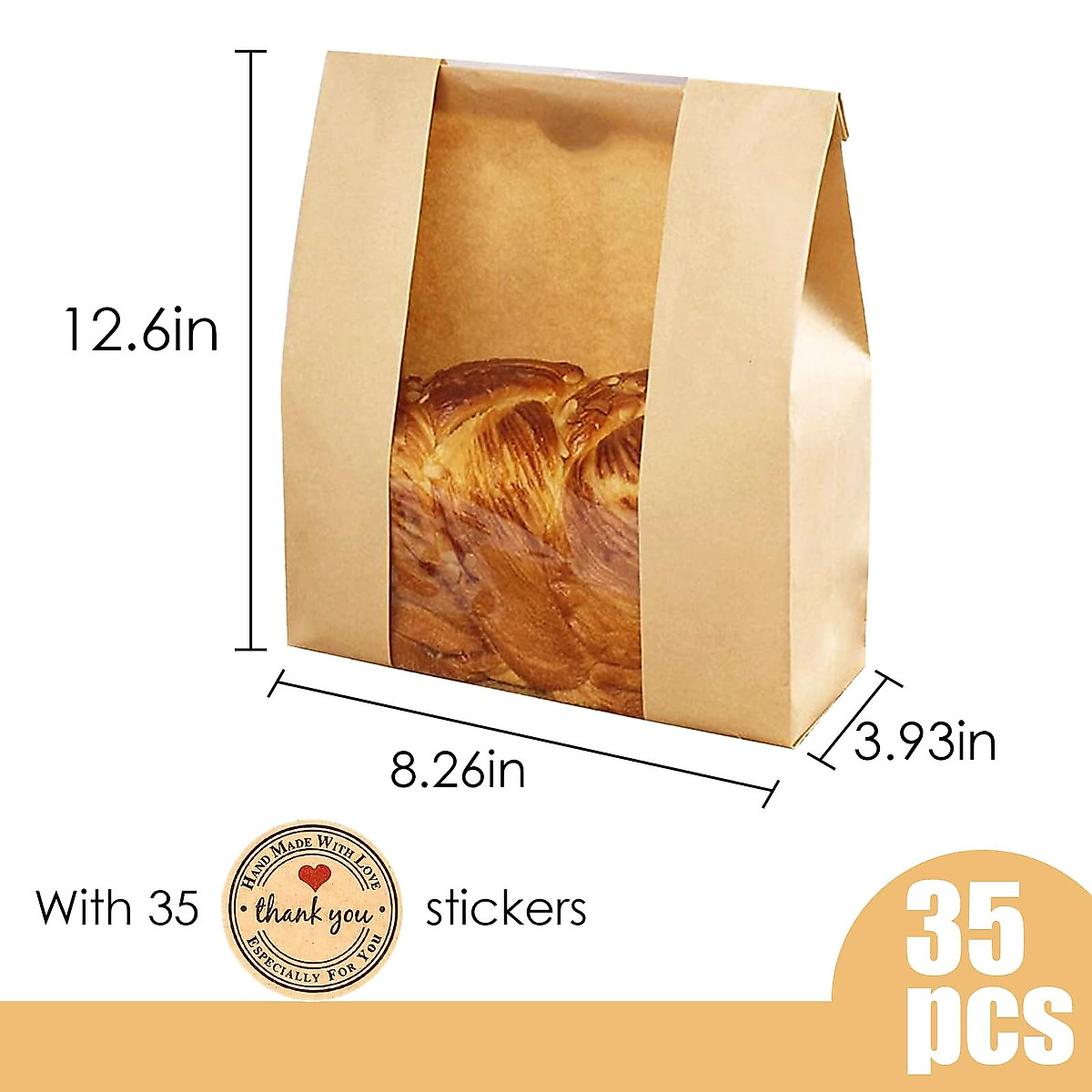 Pack of 35 Paper Bread Bags for Homemade Bread, Paper Bakery Bag for Baked Food Packaging Storage, Large Kraft Paper Bread Loaf Bag with Window Label Seal Sticker included Pack of 35,12.5x8.3x4 Inches