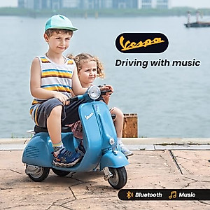 Licensed Vespa Ride-On Motorcycle with Side Car - 6V Electric Car for Boys and Girls - Two-Seat Ride-On Toy with Music and Storage Bin (Blue)