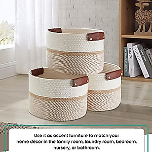 Organizix 3 Pack Woven Cotton Rope Shelf Storage Basket with Leather Handles, Baby Nursery Storage Bin Organizers, Closet Shelf Storage - 15 x 10 x 9, White/Brown