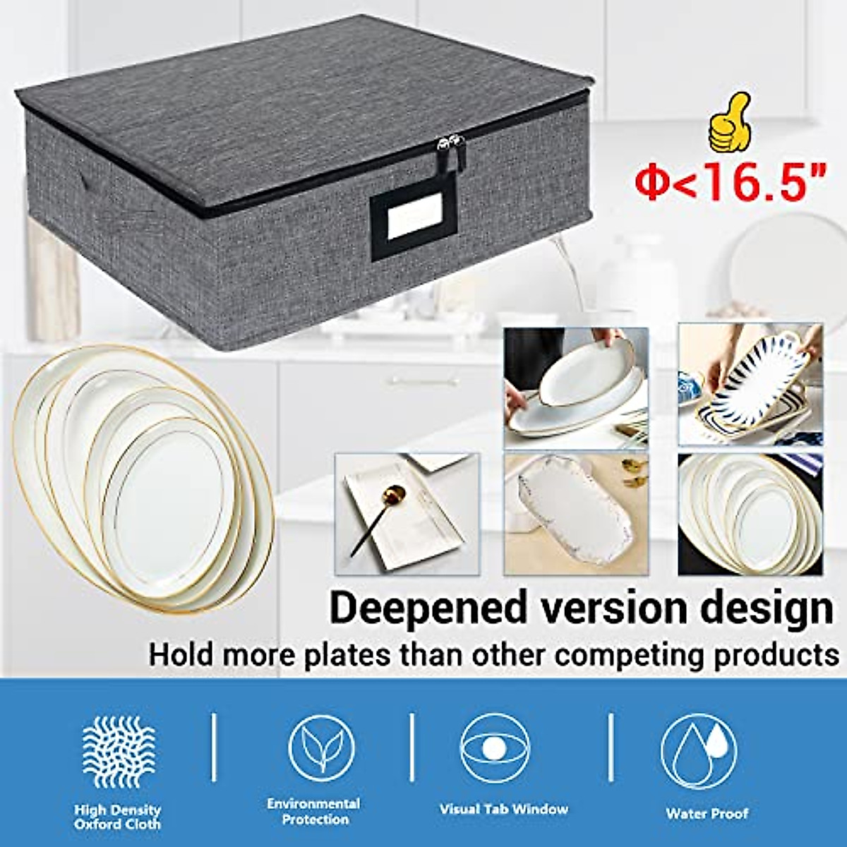 homyfort Platter Storage Case Stackable-China Storage Containers,with Hard Lid Height of 5.3'' and Quilted and Padded Surfaces - Structured Top, Bottom and Sides,4 Felt Dividers Included(Dark Grey)