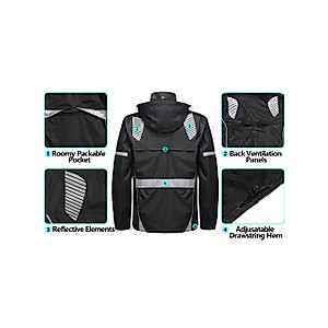 Little Donkey Andy Men's Waterproof Cycling Rain Jacket Reflective Rain Shell Coat Outdoor Packable Windbreaker Removable Hood Raincoats for Running,Hiking,Golf,Travel Black XL