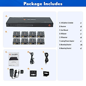 HDMI 2.0 4K Extender Splitter Over Single Cable CAT6 with PoC Up to 196 FT 1-in 8-Out w/Local Loop Output & Low Latency by J-Tech Digital [JTECH-18EX50]