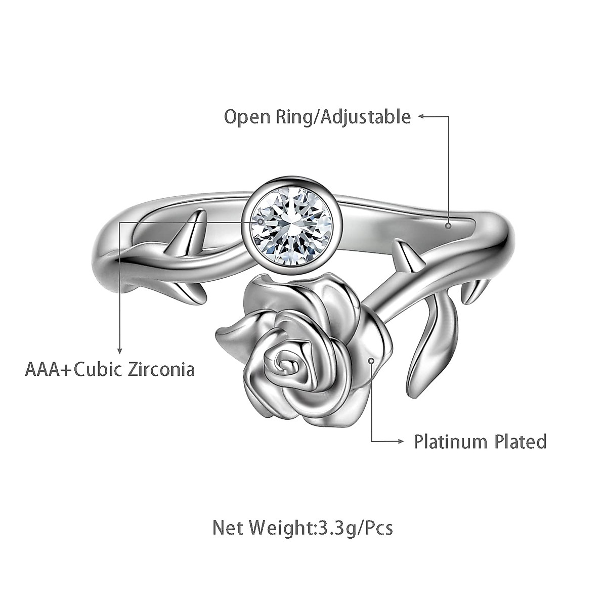 beautlace Rose Adjustable Rings Silver Plated Rose Flower Love Open Ring Elegant Wedding Engagement Jewelry Gifts for Women KR0076W