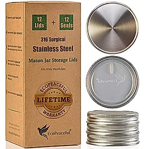 EcoPeaceful 316 Surgical Stainless Steel Mason Jar Lids WIDE Mouth - Rust-proof, Airtight, Leak-proof, BPA-Free, PVC-free, Vegan, Reusable - Not for Canning