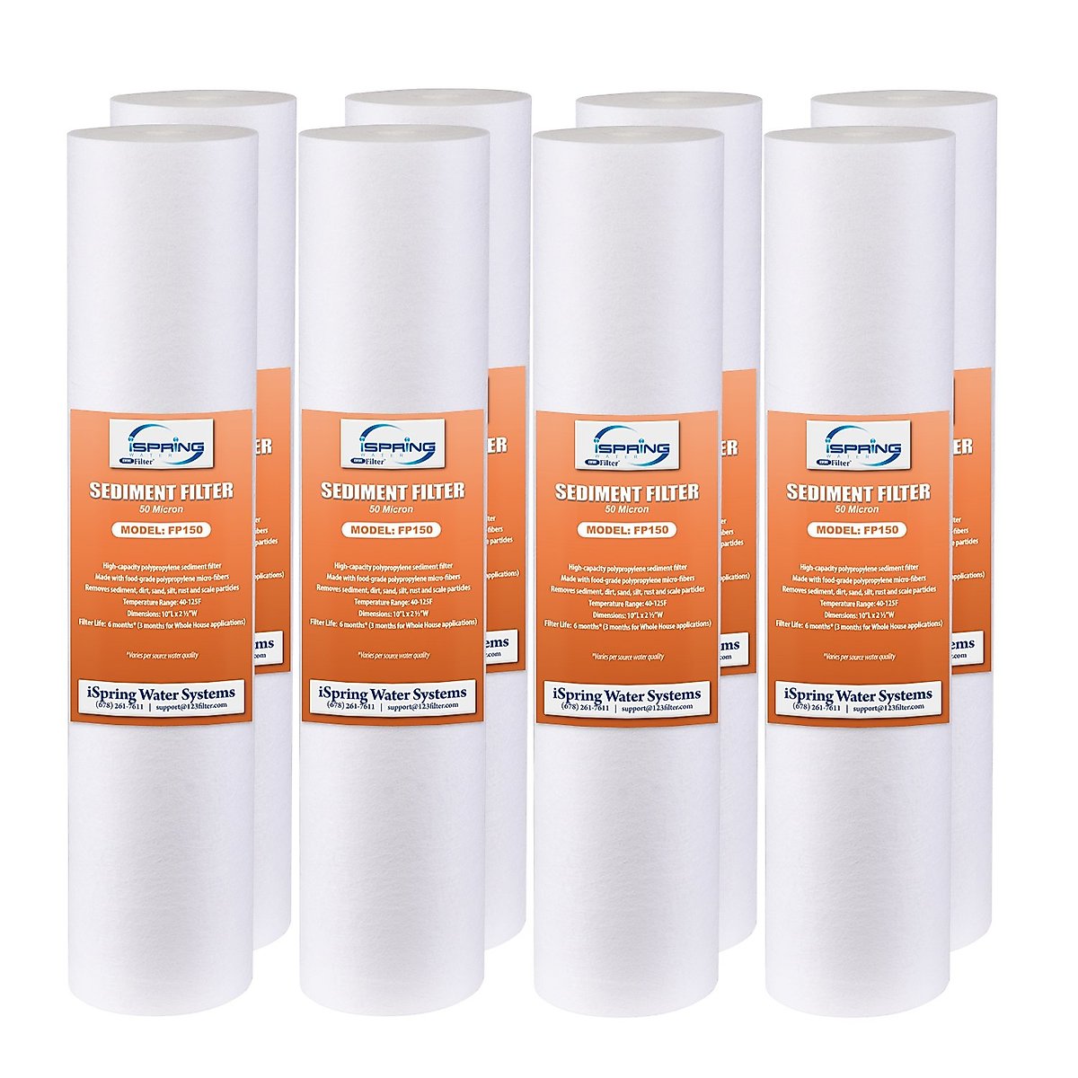 iSpring 10"x2.5" Multi-Layer PP FP150X8 Universal Sediment Filter Cartridges 50 micron 8-Pack White