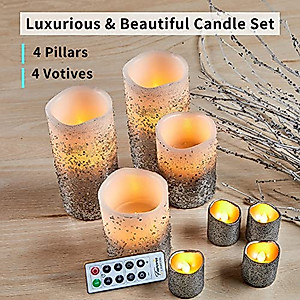 Furora LIGHTING LED Flameless Candles with Remote – Battery-Operated Flameless Candles Bulk Set of 8 Fake Candles – Small Flameless Candles & Christmas Centerpieces for Tables, Silver Glittery