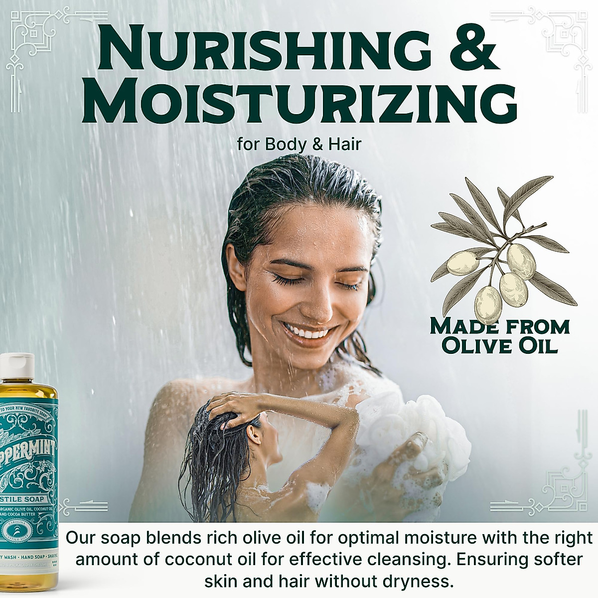 Carolina Castile Soap Peppermint Scent – Certified Organic Base, High Olive Oil Content, Non-Drying, Made with Organic Oils, Concentrated Natural Body Wash for Men and Women