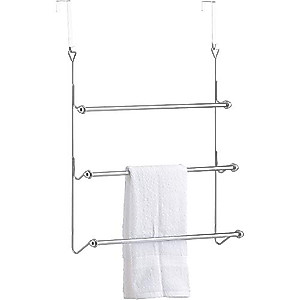 MyGift 3 Tier Silver Metal Over The Door Bathroom Towel Rack, Small Space Extra Storage Towel Bar Hanger