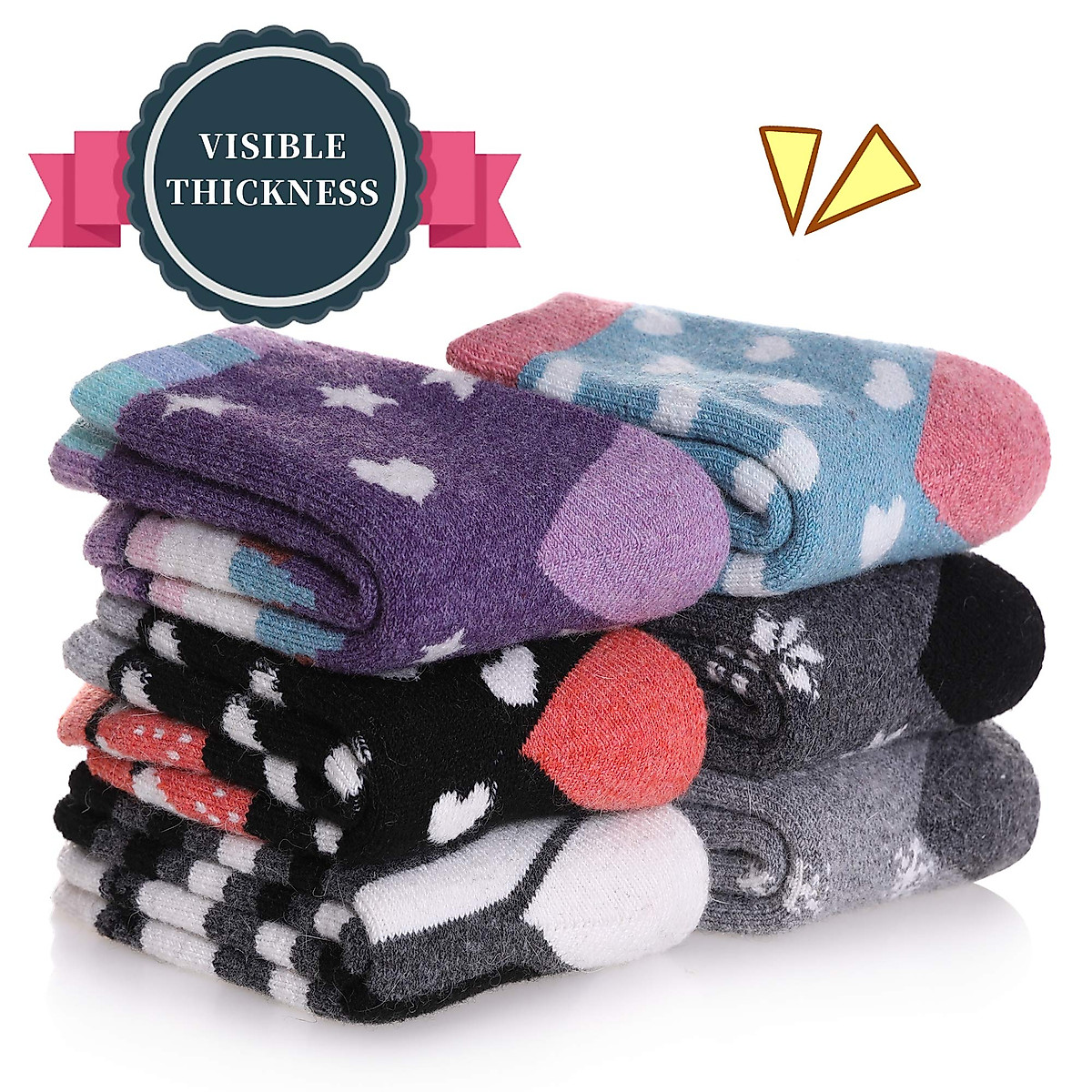 SDBING Kids Merino Wool Hiking Socks Toddlers Wool Socks Boys Girls Warm Boot Cozy Thick Thermal Winter Crew Socks 6 Pairs (4-7 Years, Cute Animal)