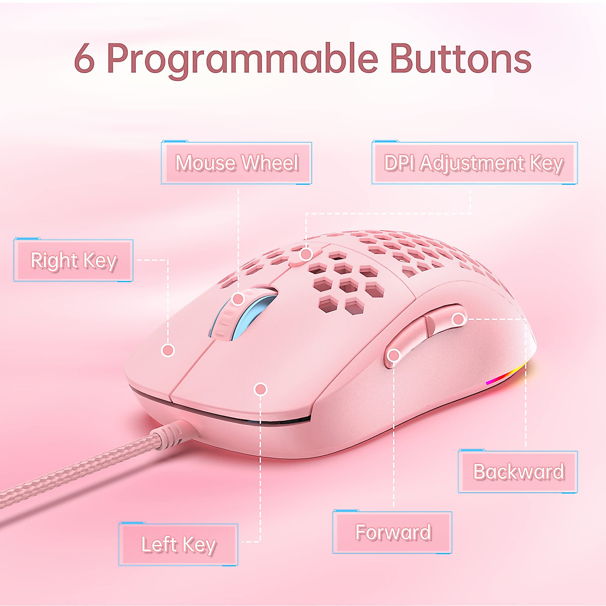 DIERYA M1SE Wired Gaming Mouse with Honeycomb Shell, 12800DPI Optical Sensor, 6 Programmable Macros, Software Support for Custom Key Config, and RGB Settings for Windows 7/8/10/XP, Vista, Linux-Pink