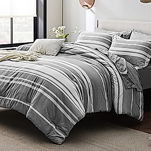 Bedsure Bed in a Bag Queen 7 Pieces, Grey White Striped Queen Bed Set Reversible, Cationic Dyeing Bedding Comforter Sets with Comforter, Sheets, Pillowcases & Shams