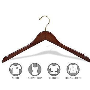 Wooden Top Hanger w/WalnutFinish, Box of 8 Hangers with Brass Swivel Hook and Notches for Hanging Straps, Great for Shirt or Dress