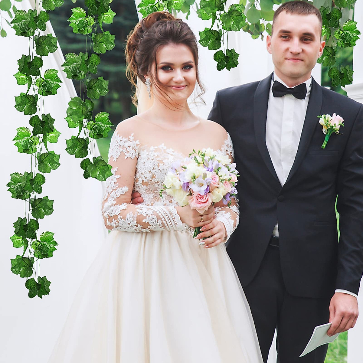 HECATY 12 Strands 90 ft Artificial Fake Grape Vines with 9 Strings Grapes, Hanging Plant Large Leaves Garland for Wedding Party Store Home Decor Indoor Outdoors