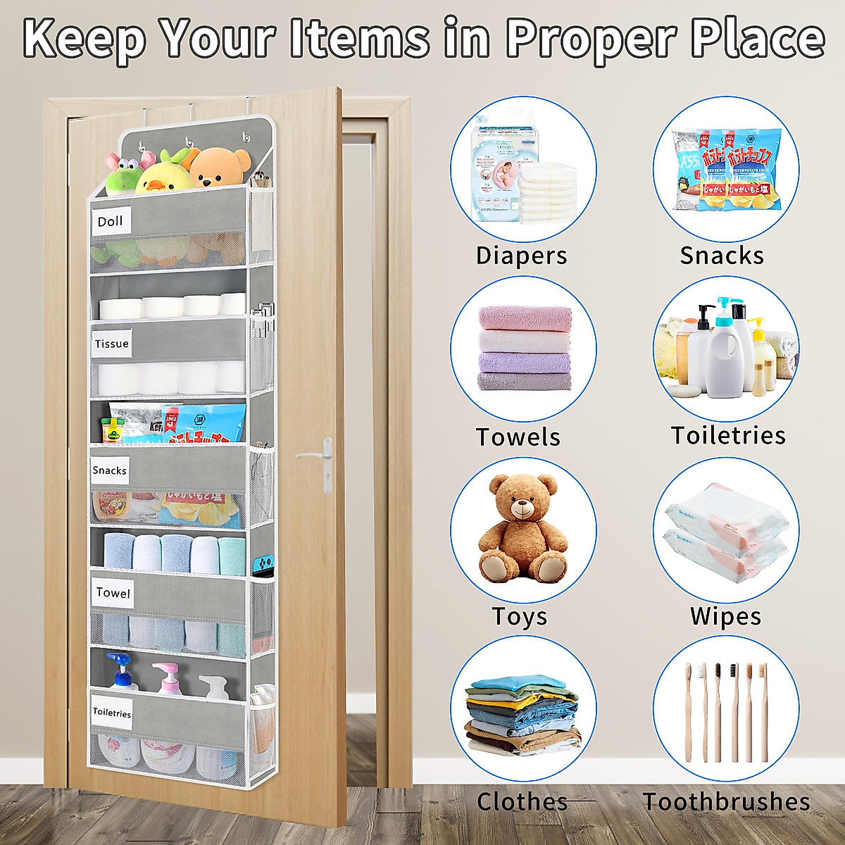 Over The Door Organizer Storage, 44lbs Weight Capacity Hanging Door Organizer, Behind Door Organizer with 5 Large Pockets 10 Mesh Side Pockets 5 PVC Pouches for Nursery Bathroom Bedroom Pantry