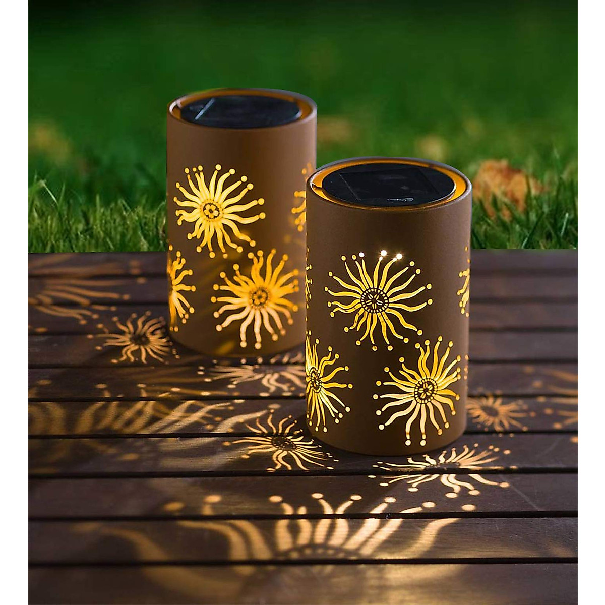 pearlstar Outdoor Solar Table Lamp 2pack Metal Sunflower Shape Solar Lantern Lights, Retro Orange Finish, Outside Decor for Patio Garden Yard Pathway Tabletop Waterproof(Sunflower)