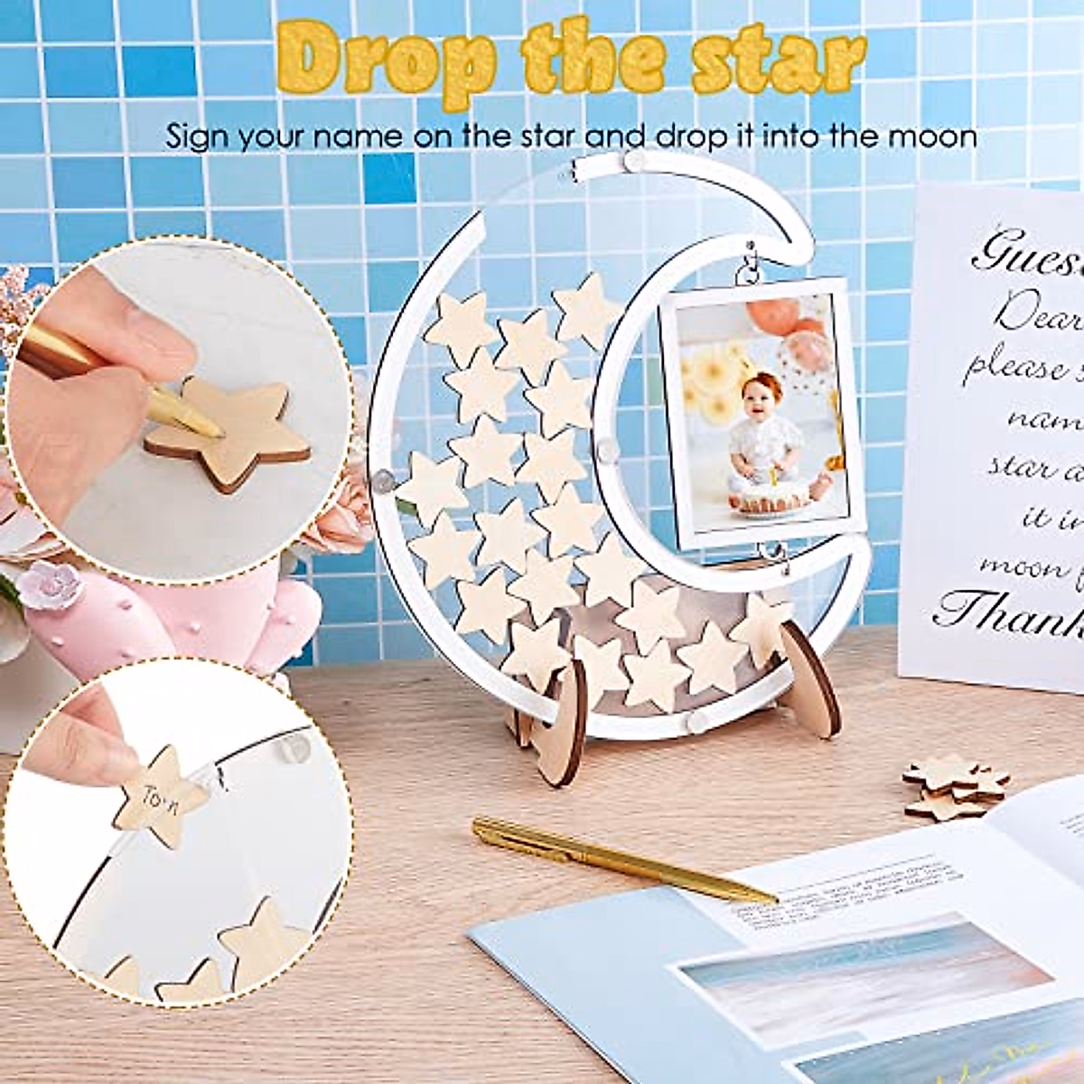 60 Pieces Moon Guest Book with Wood Star Cutouts Baby Shower Guest Book Alternative Guest Books with Photo Frame for Baby Shower Wedding Boys Girls Birthday Parties Keepsake (Clear, 8.3 x 9 Inch)