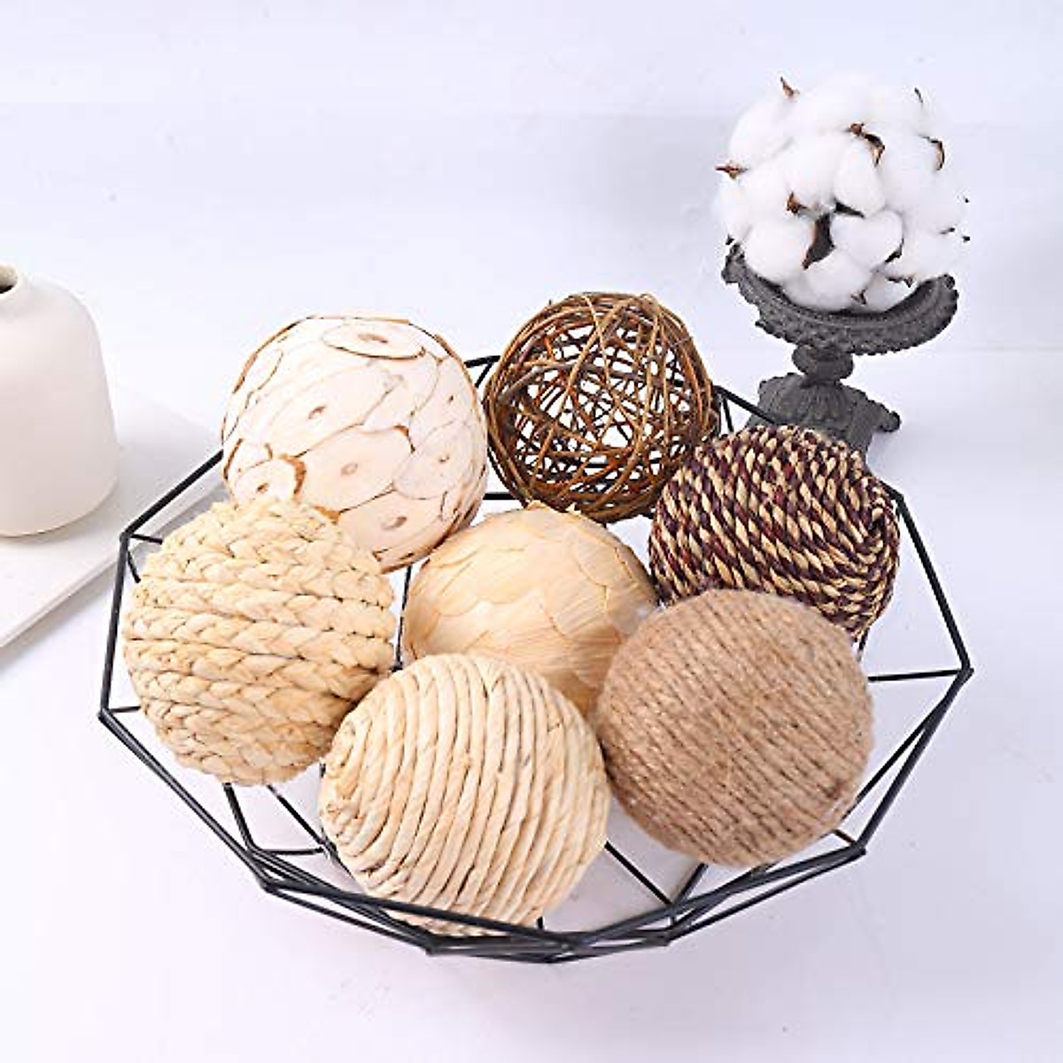 idyllic Decorative Balls for Bowls Natural Wicker 3 Inches Rattan Woven Twig Orbs, String and Cotton Balls Spherical Vase Fillers for Centerpieces - Bag of 8 Brown and White